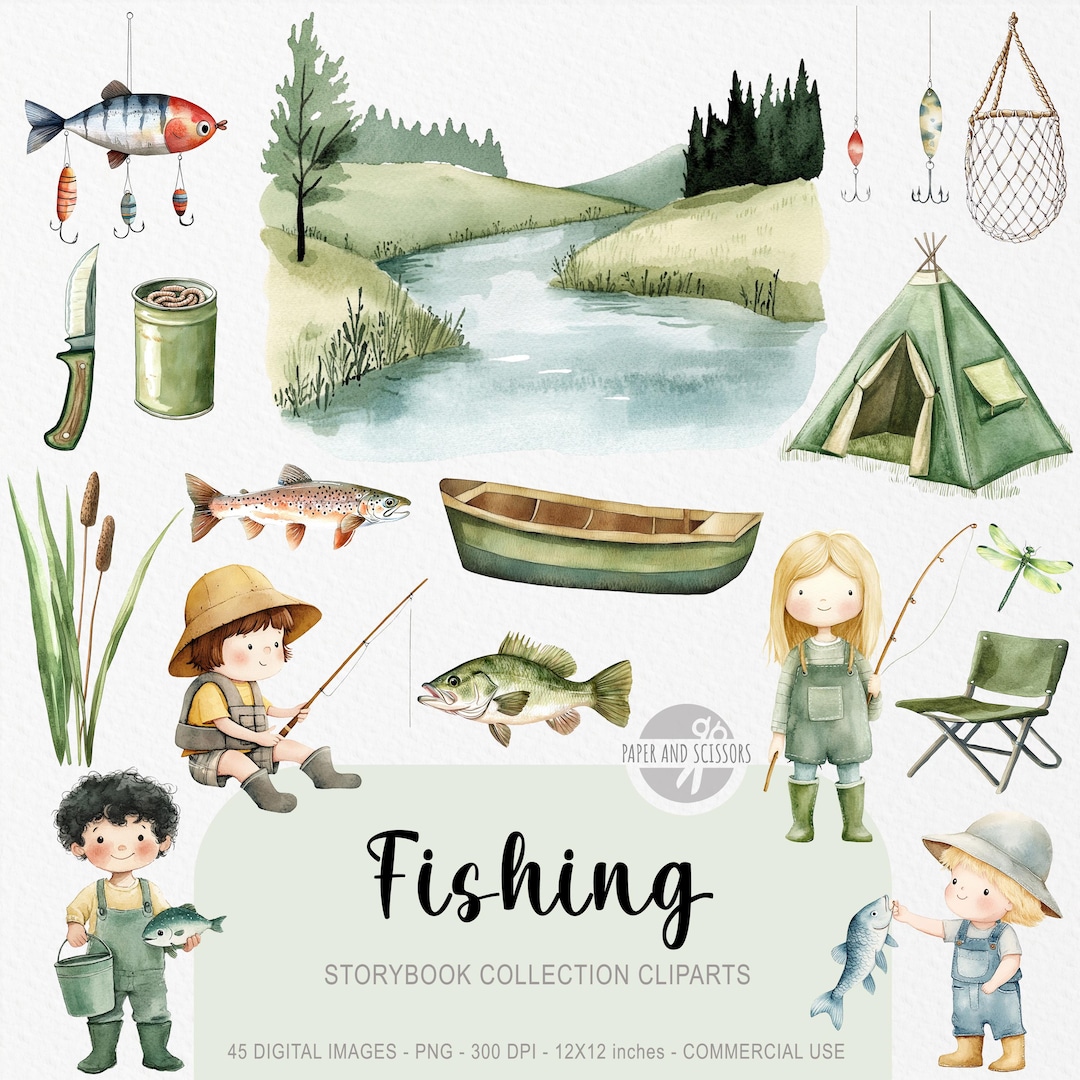45 Cute Fishing Clipart, Watercolor Fisherman Storybook, Camping ...