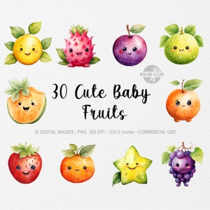 30 Cute Baby Fruits Clipart, Fruits PNG, Watercolor Fruits, Kids PNG ...