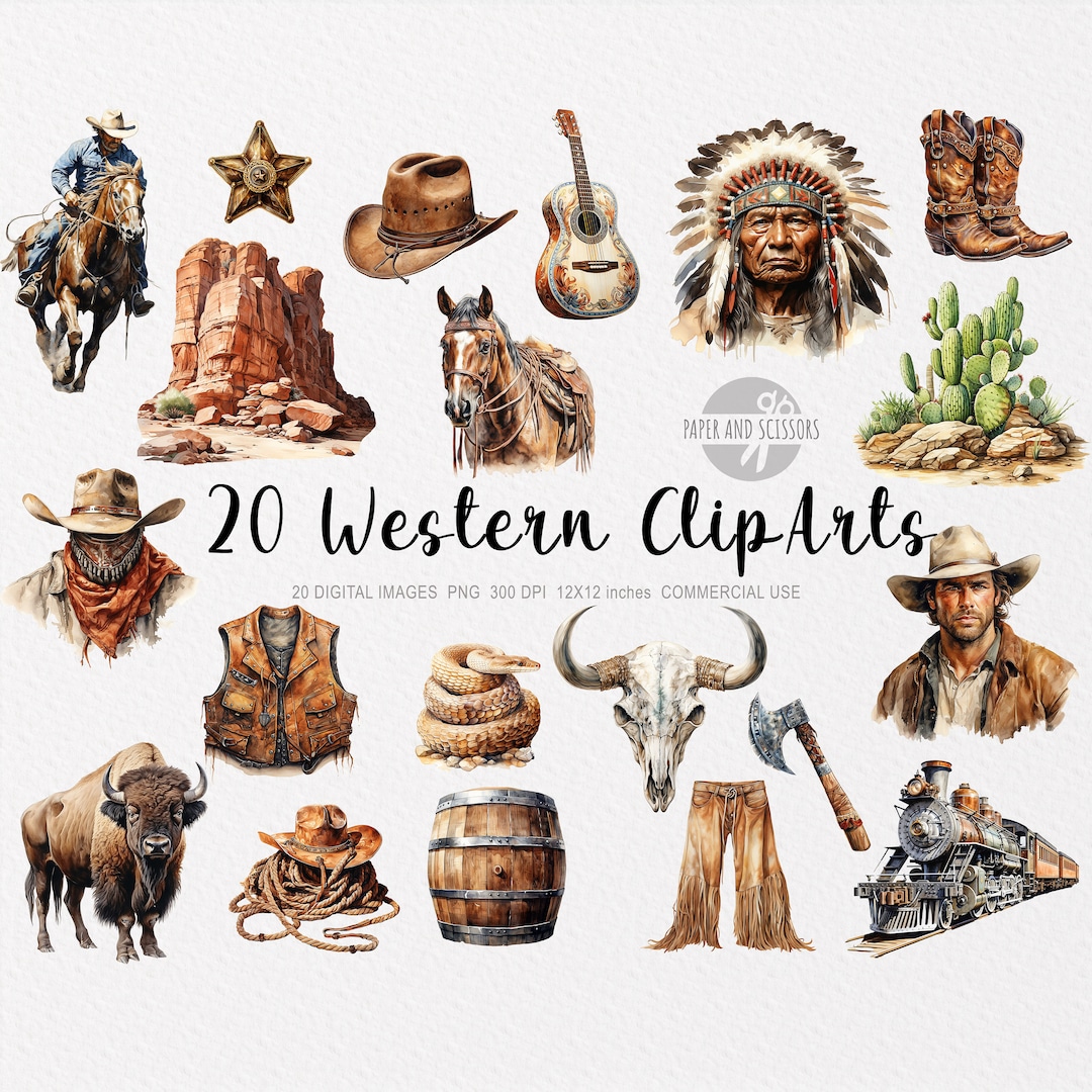 20 Western Cliparts, Western PNG, Western Illustration, Watercolor ...