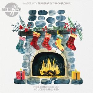 10 Christmas Fireplace Clipart, Christmas Stocking PNG, Watercolor ...