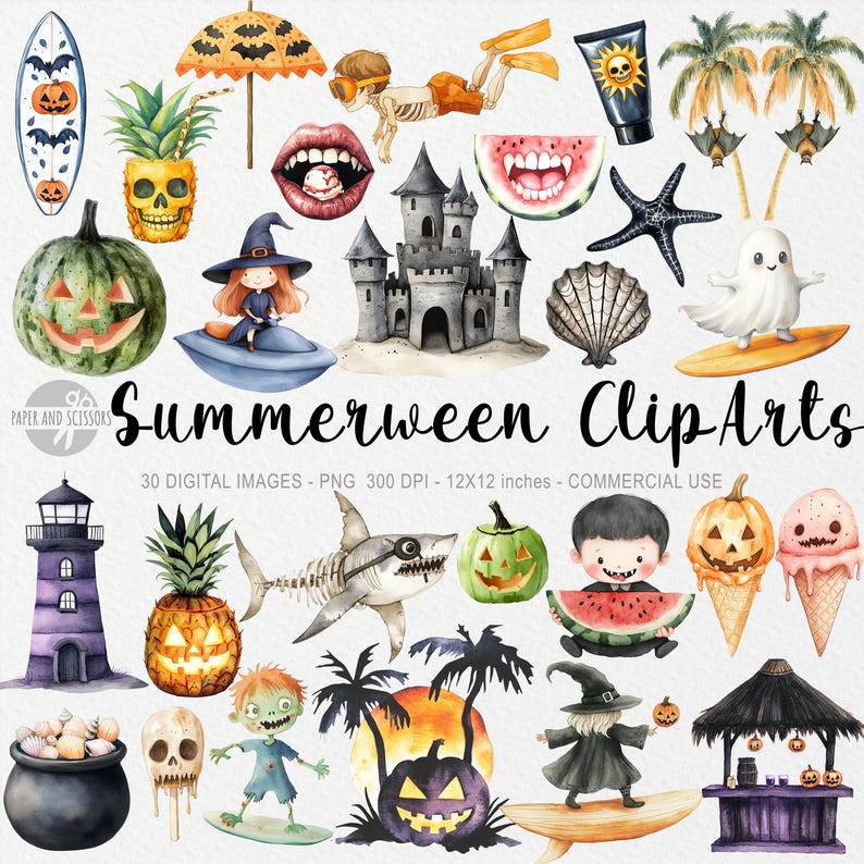 30 Summerween Clipart, Halloween PNG, Spooky Decor, Summer Stickers ...