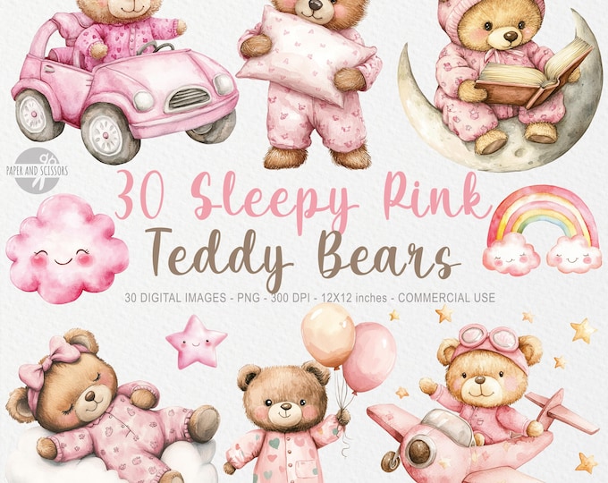 30 Baby Pink Sleepy Teddy Bear Watercolor Clipart, Teddy Bear PNG, Pink ...