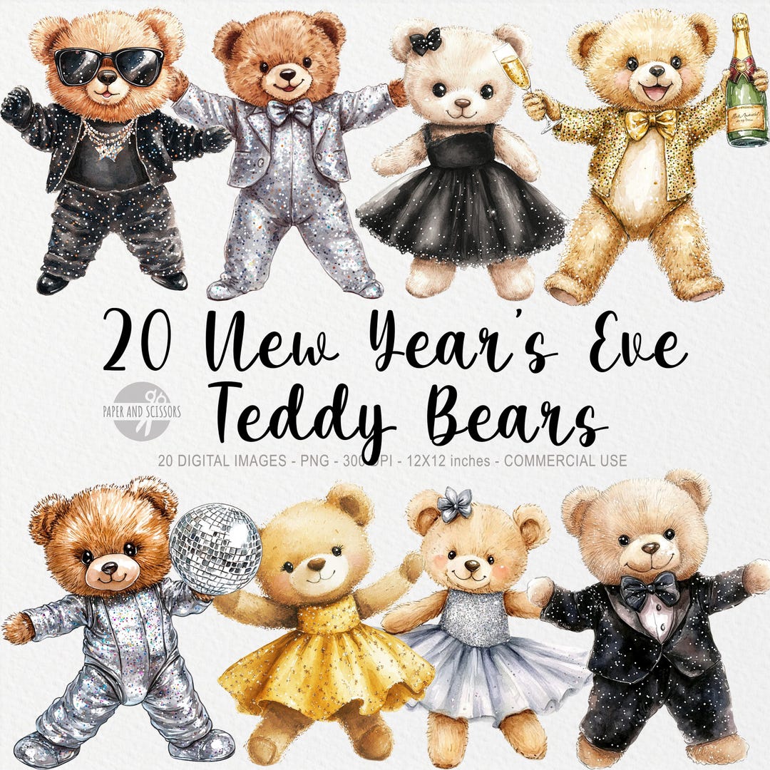 20 New Year's Eve Teddy Bear Watercolor Clipart, Holiday Teddy Bear PNG ...