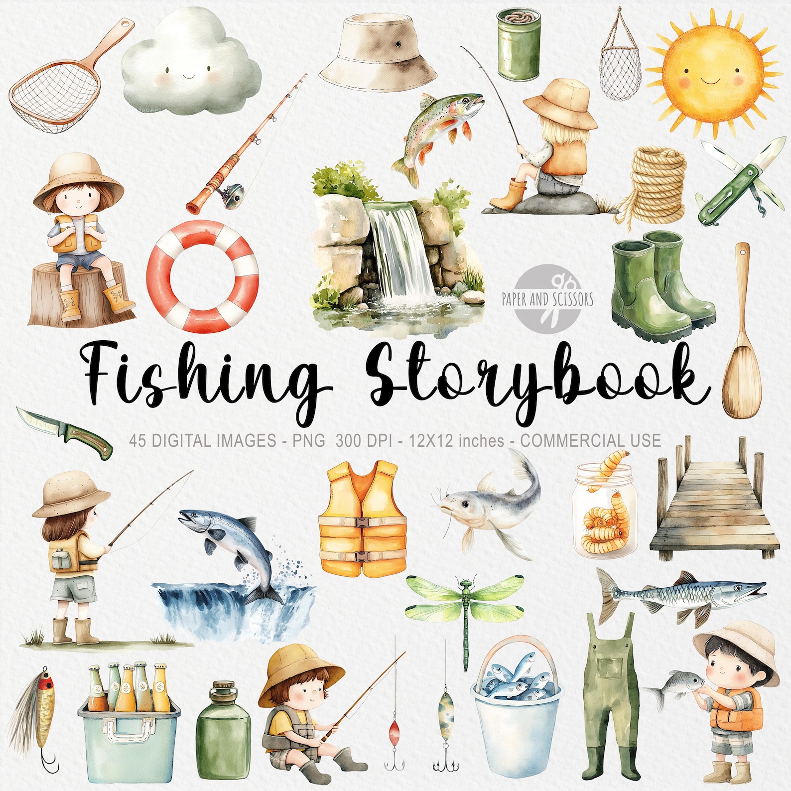 45 Cute Fishing Clipart, Watercolor Fisherman Storybook, Camping ...