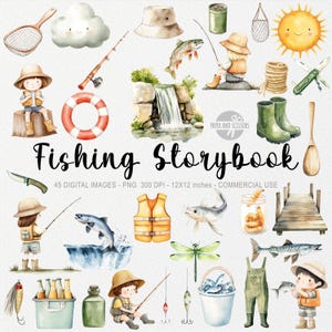 45 Cute Fishing Clipart, Watercolor Fisherman Storybook, Camping ...