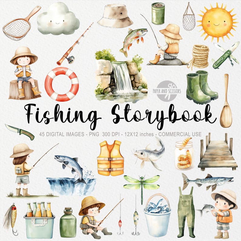 45 Cute Fishing Clipart, Watercolor Fisherman Storybook, Camping ...