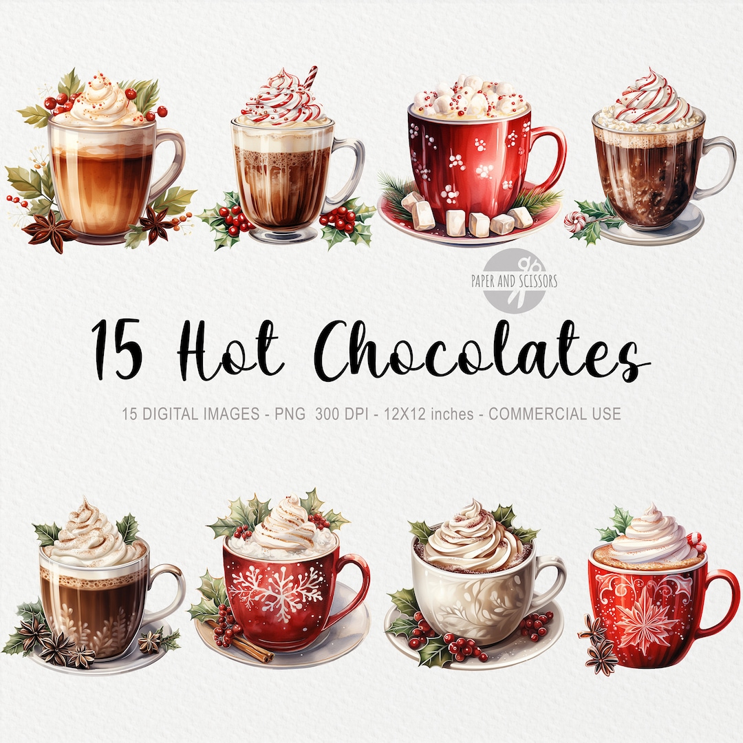 15 Hot Chocolate Clipart, Hot Chocolate PNG, Watercolor Christmas Mug ...