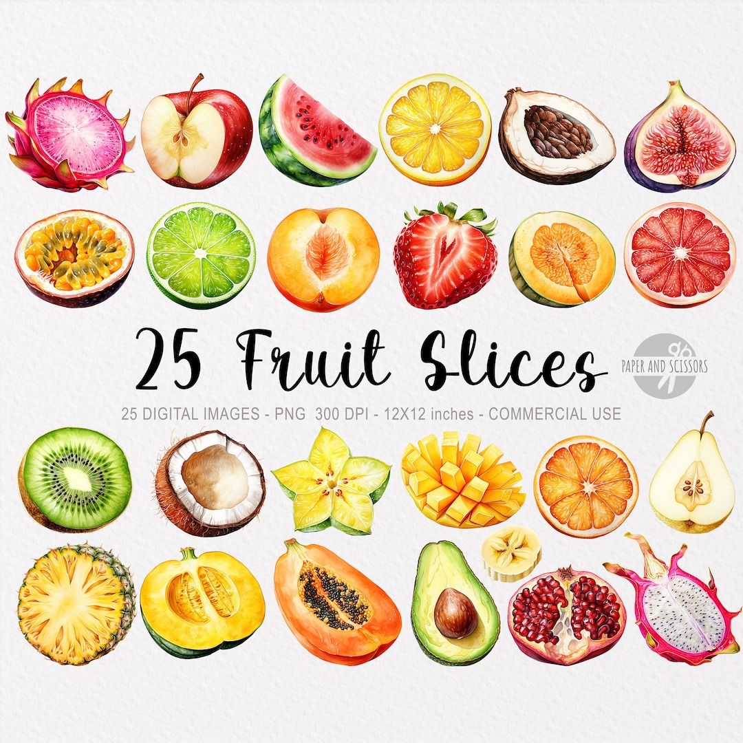 25 Fruit Slices Clipart, Fruit PNG, Fruit Illustration, Watercolor ...