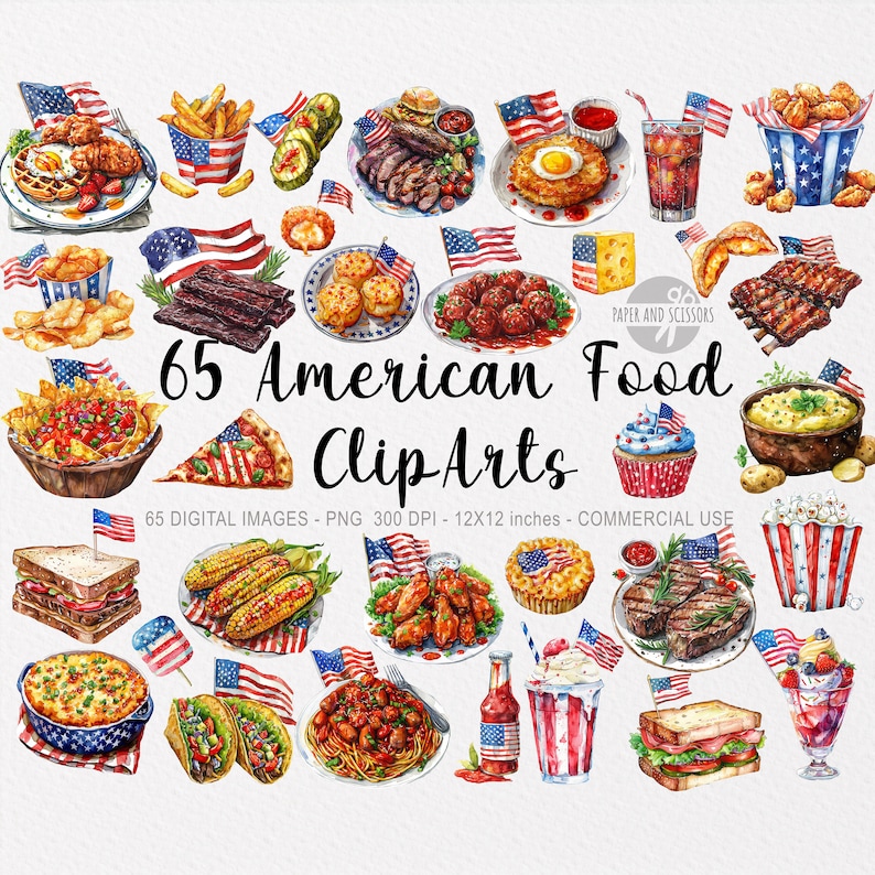 65 American Food Cliparts, 4th of July, Watercolor Independence Day ...