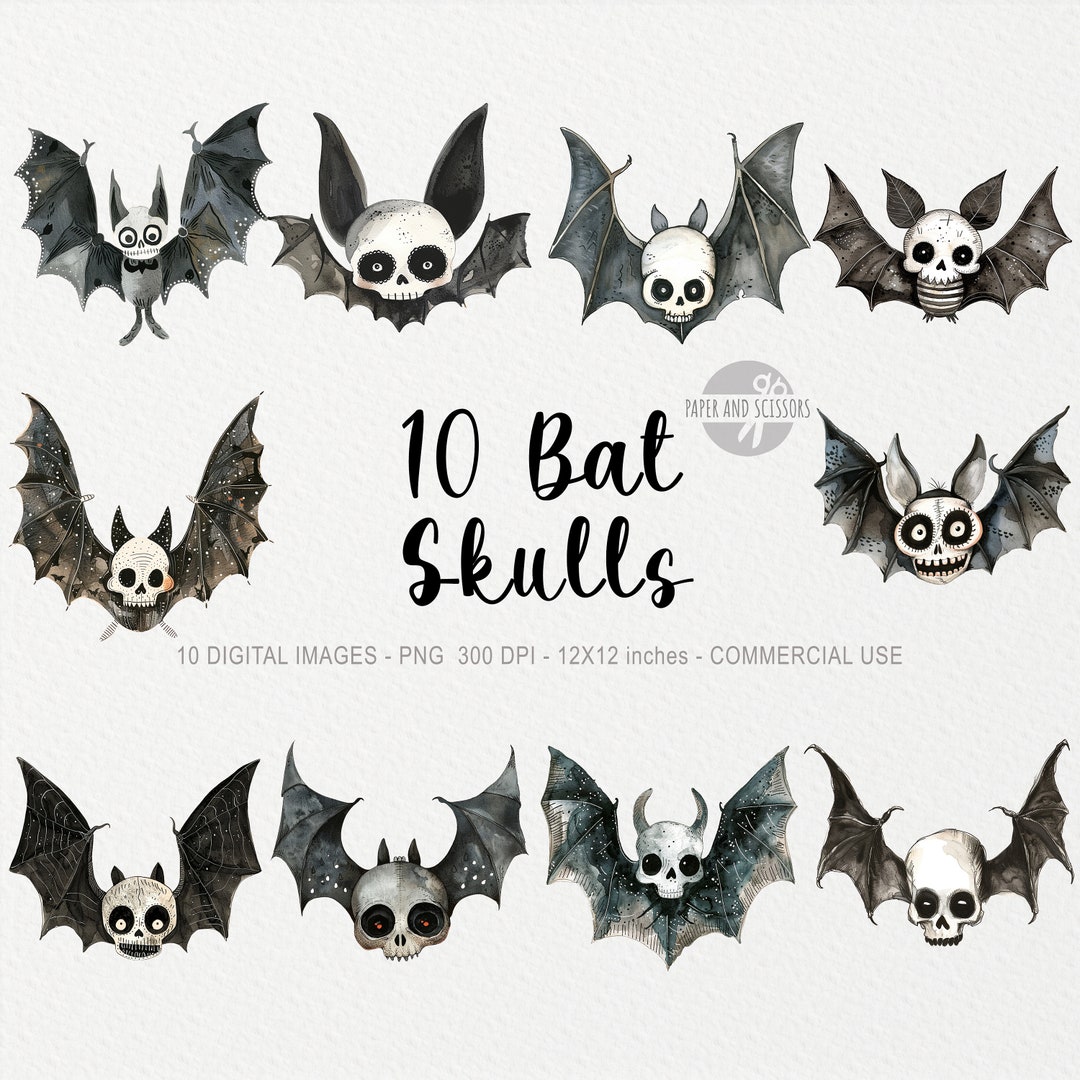 10 Bat Skulls Clipart, Halloween PNG, Spooky Decor, Skeleton Bat ...