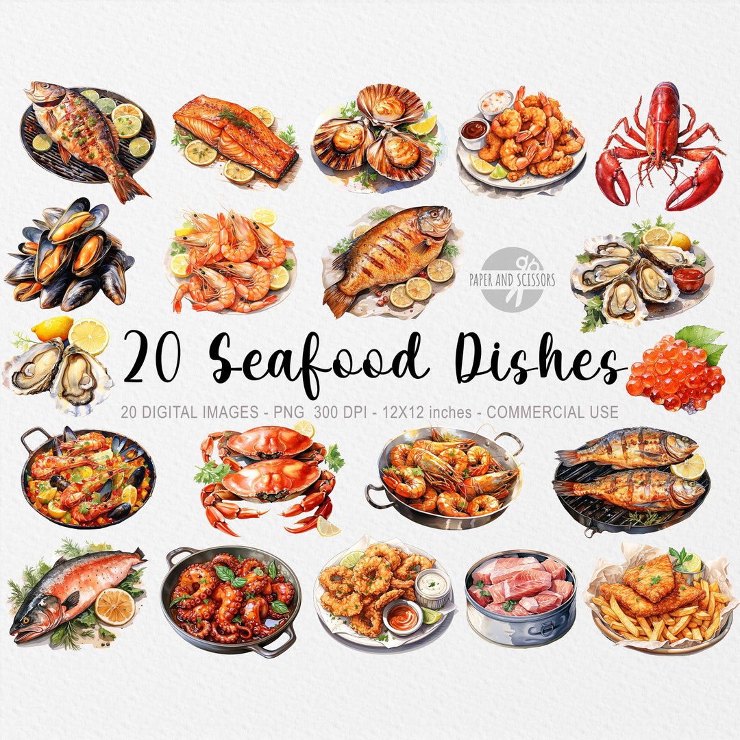 20 Seafood Cliparts, Seafood PNG, Seafood Illustration, Watercolor ...