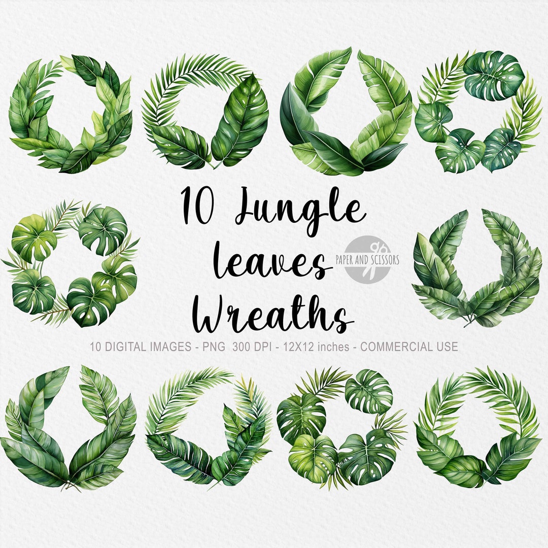 10 Watercolor Jungle Leaves Wreath Clipart, Jungle Leaves PNG, Leaves ...