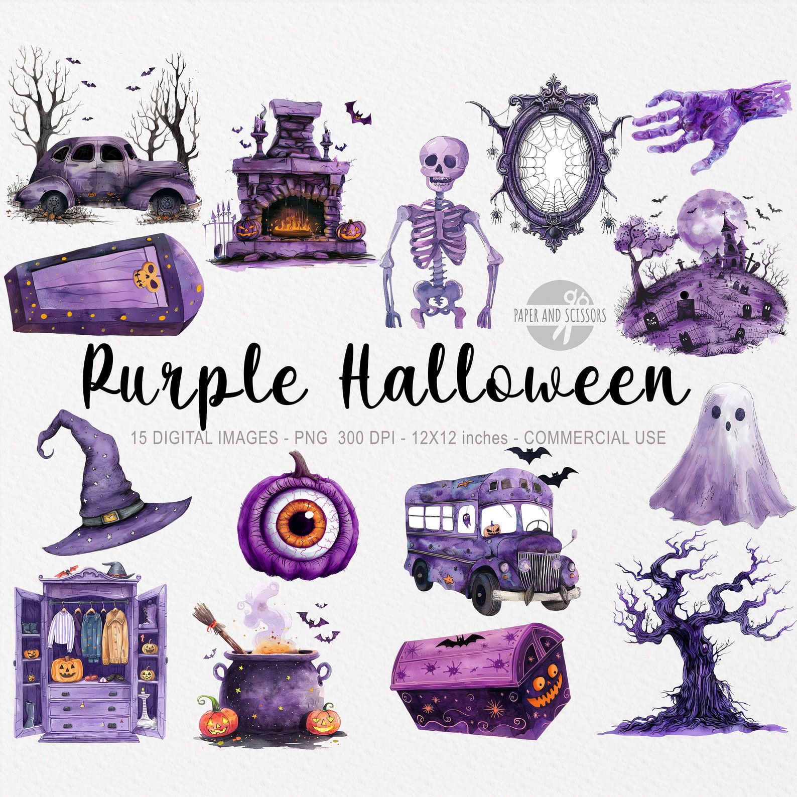 15 Purple Halloween Clipart, Halloween PNG, Spooky Decor, Watercolor ...