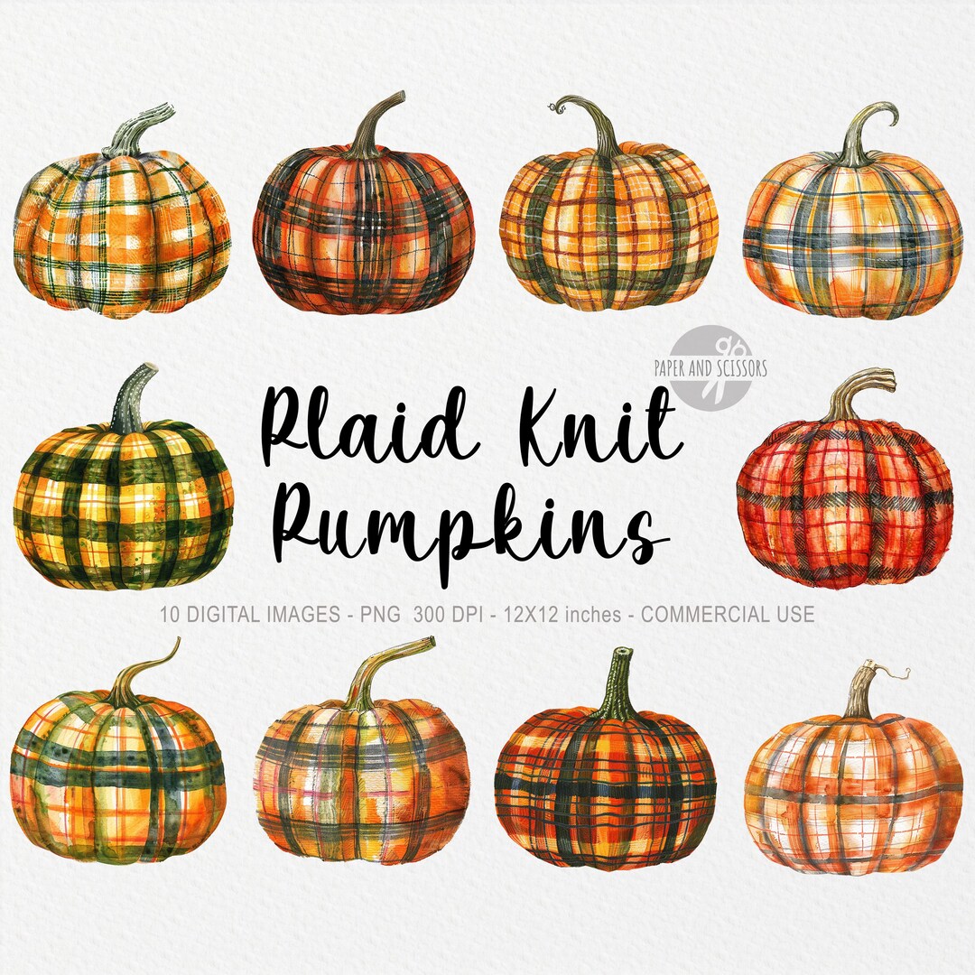 10 Plaid Knit Pumpkin Cliparts, Thanksgiving, Fall Design PNG, Cosy ...
