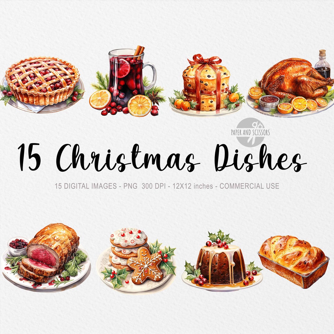 15 Christmas Dishes Clipart, Christmas Food PNG, Watercolor Christmas ...