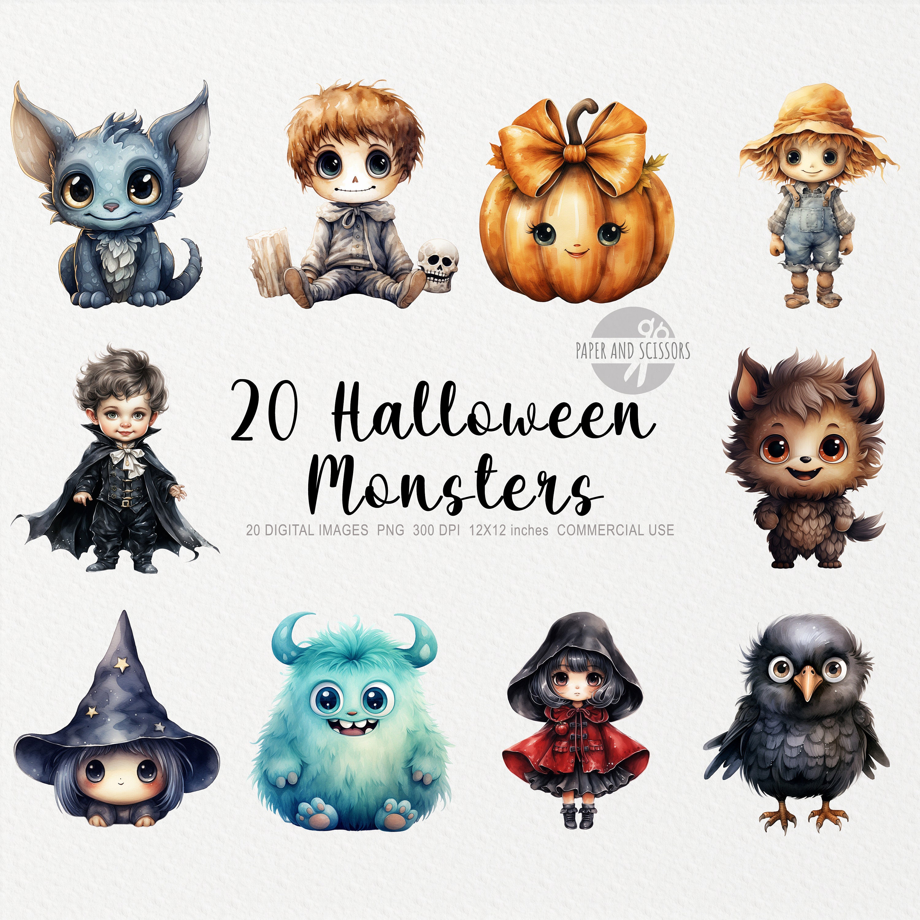 20 Halloween Monsters Clipart, Monster PNG, Watercolor Halloween PNG ...