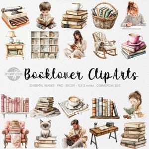 20 Booklover Clipart, Reading Hobby, Bookworm, Books PNG, Watercolor ...