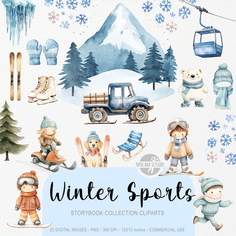 35 Cute Winter Clipart, Watercolor Holiday Storybook, Ski Sports ...