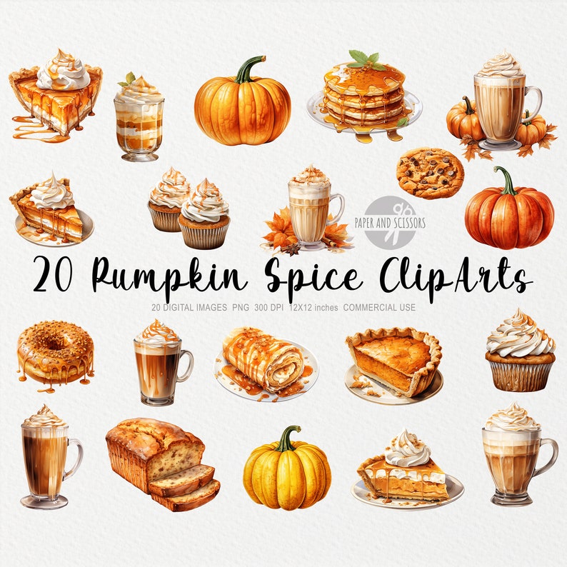 20 Watercolor Pumpkin Spice Food Clipart, Halloween, Thanksgiving PNG ...