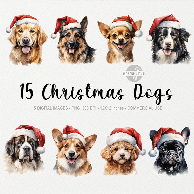 15 Christmas Dogs Clipart, Dog PNG, Watercolor Dog Illustration ...