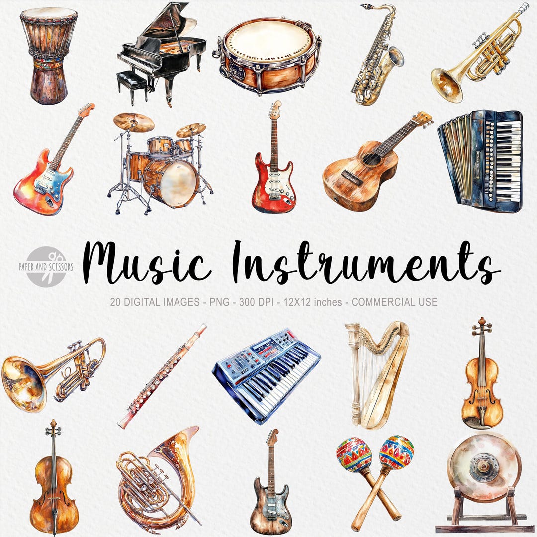 Music Instruments Clipart, Musical Clipart, Watercolor Rock Band Jazz ...