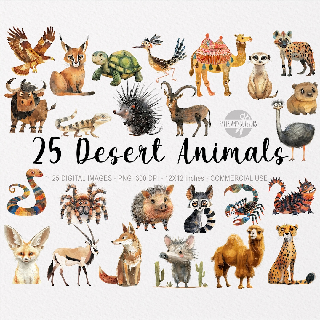 25 Desert Animals Cliparts, Savanna Watercolor PNG, Baby Shower Wall ...