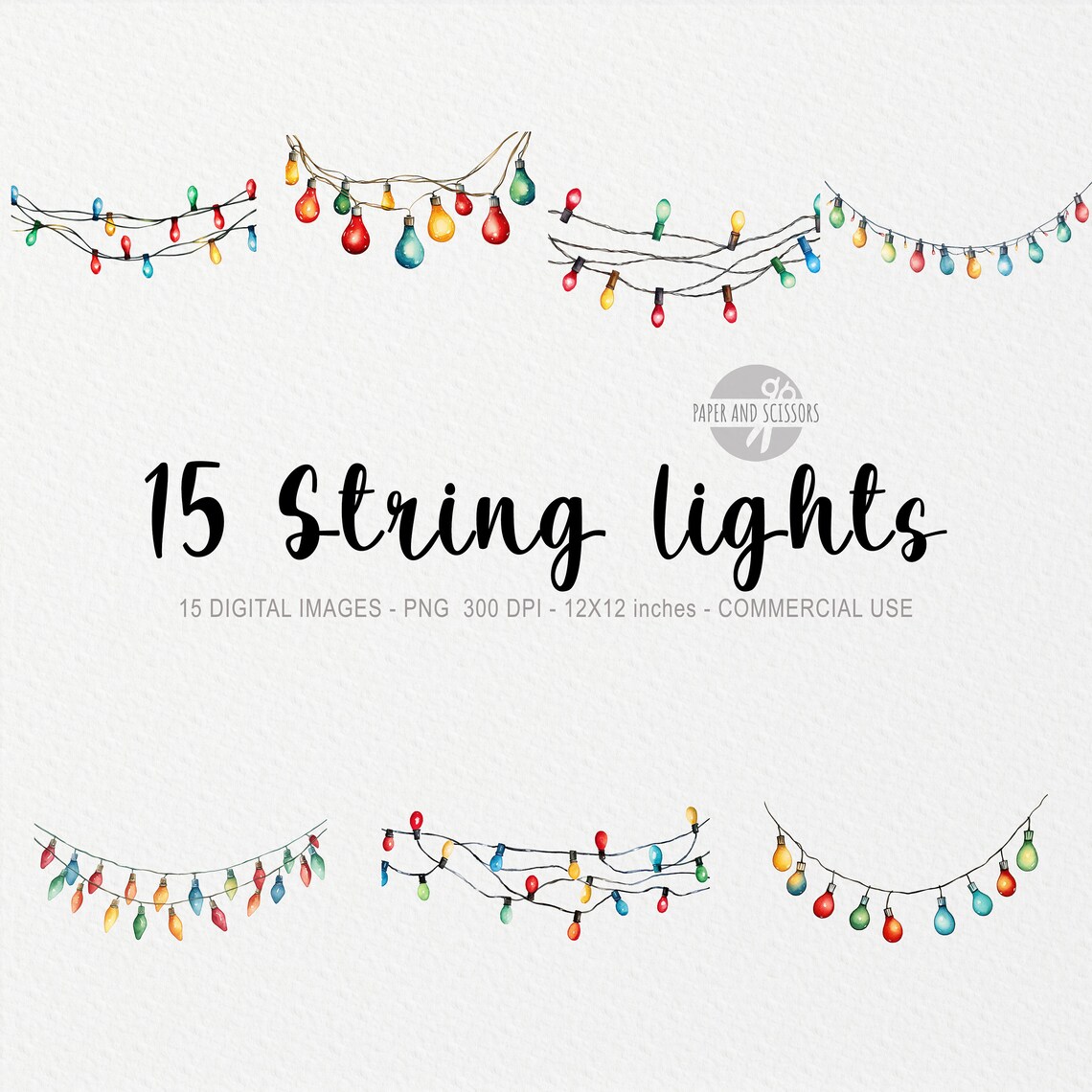 15 Christmas String Lights Clipart, Lights PNG, Watercolor Lamps ...