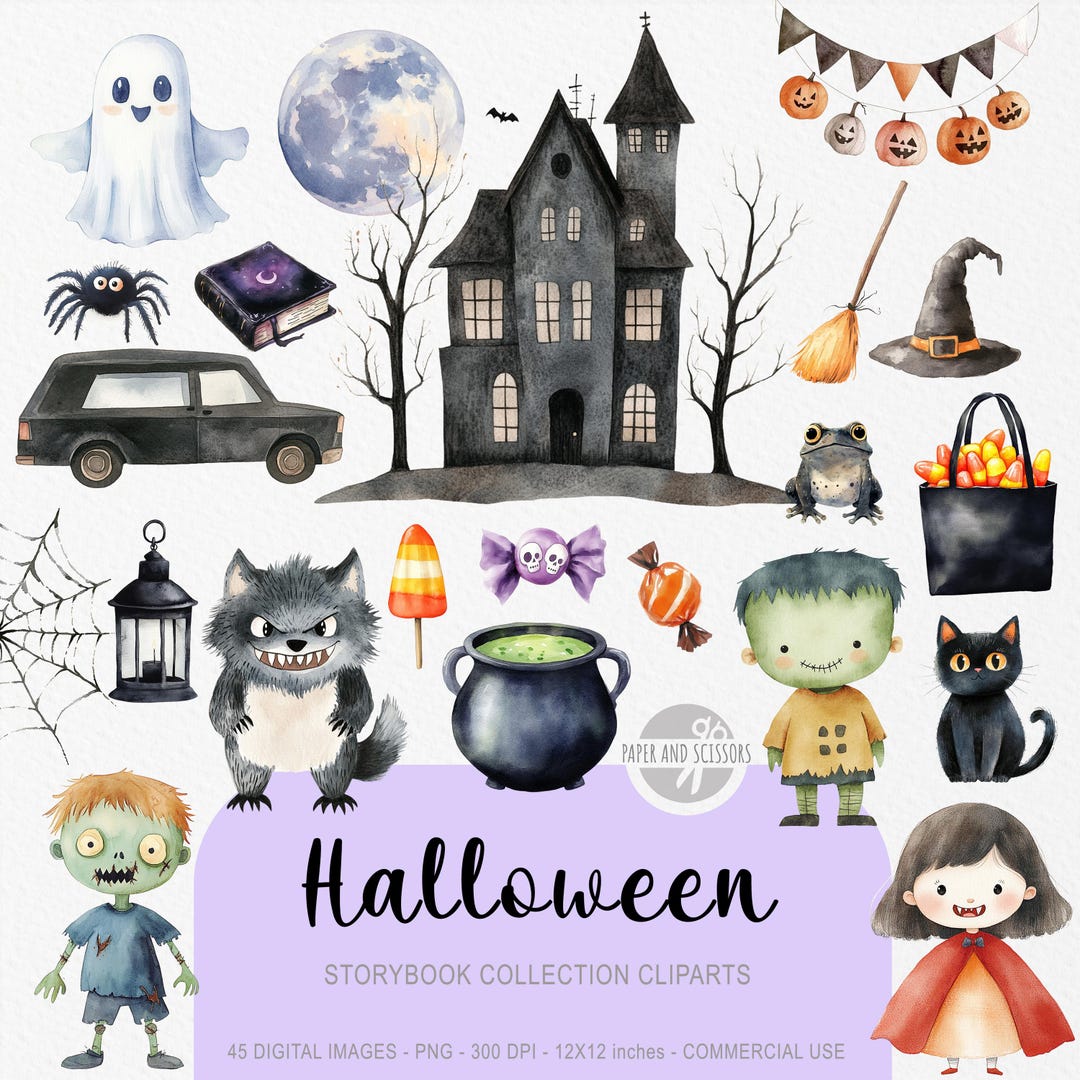 45 Cute Halloween Clipart, Spooky Decor PNG, October, Watercolor ...
