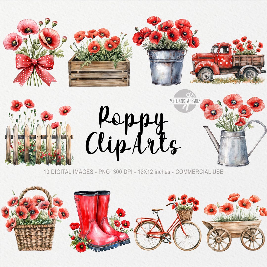 10 Poppy Clipart, Flower PNG, Spring Illustration, Watercolor Boho ...