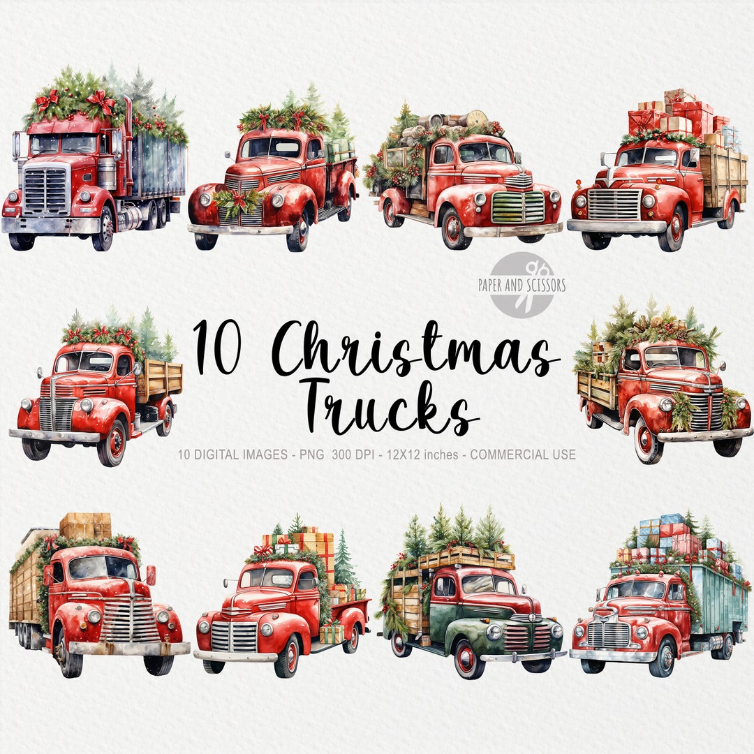 10 Christmas Trucks Clipart, Truck PNG, Watercolor Truck Illustration ...