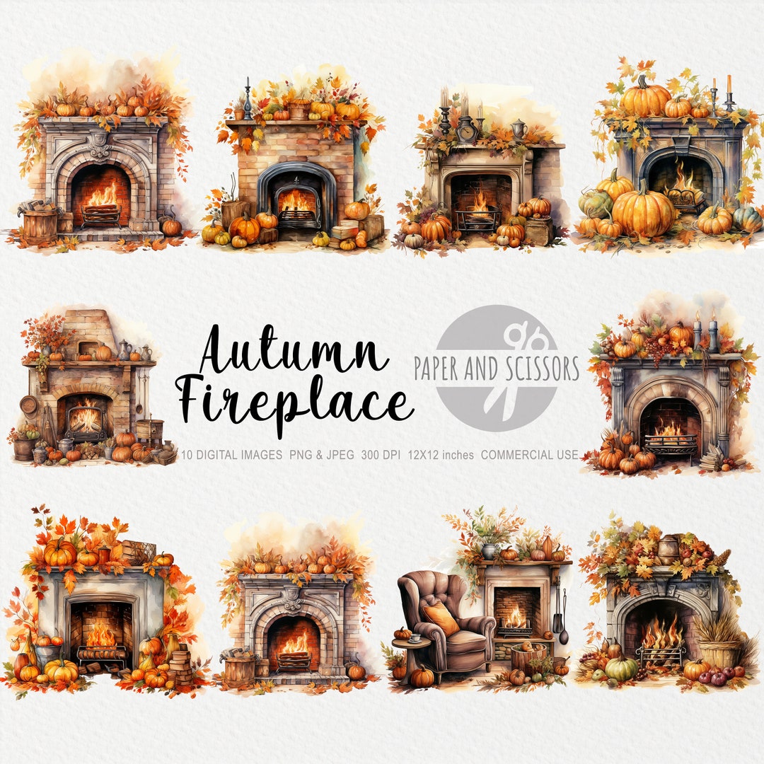 Watercolor Autumn Fireplace Door Clipart, Fall Fireplace PNG, Autumn ...