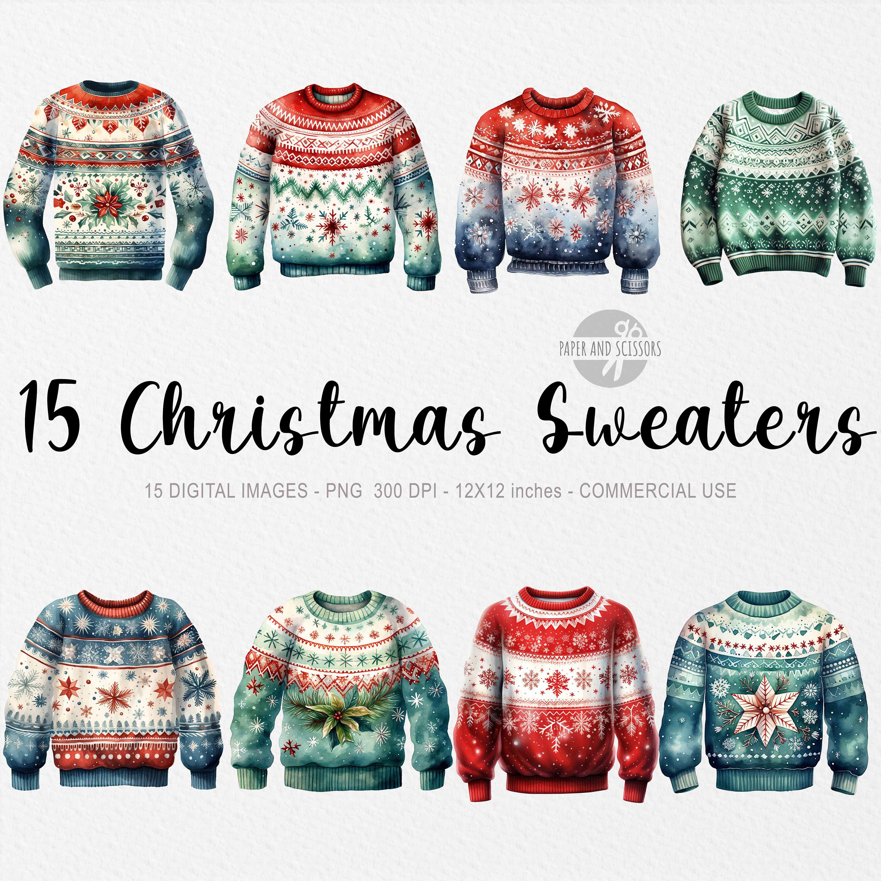 15 Christmas Sweaters Clipart, Watercolor Christmas Sweaters PNG ...