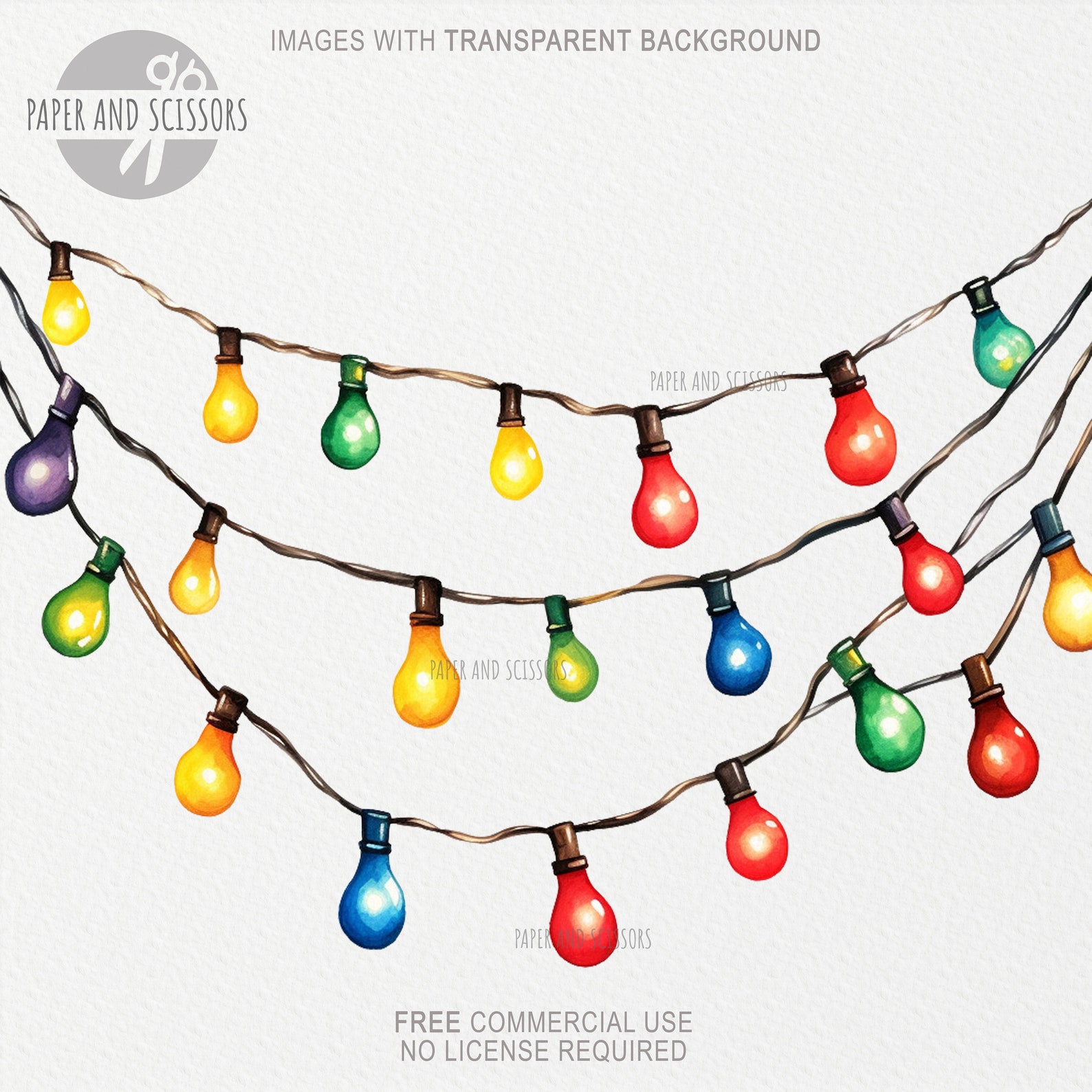 15 Christmas String Lights Clipart, Lights PNG, Watercolor Lamps ...