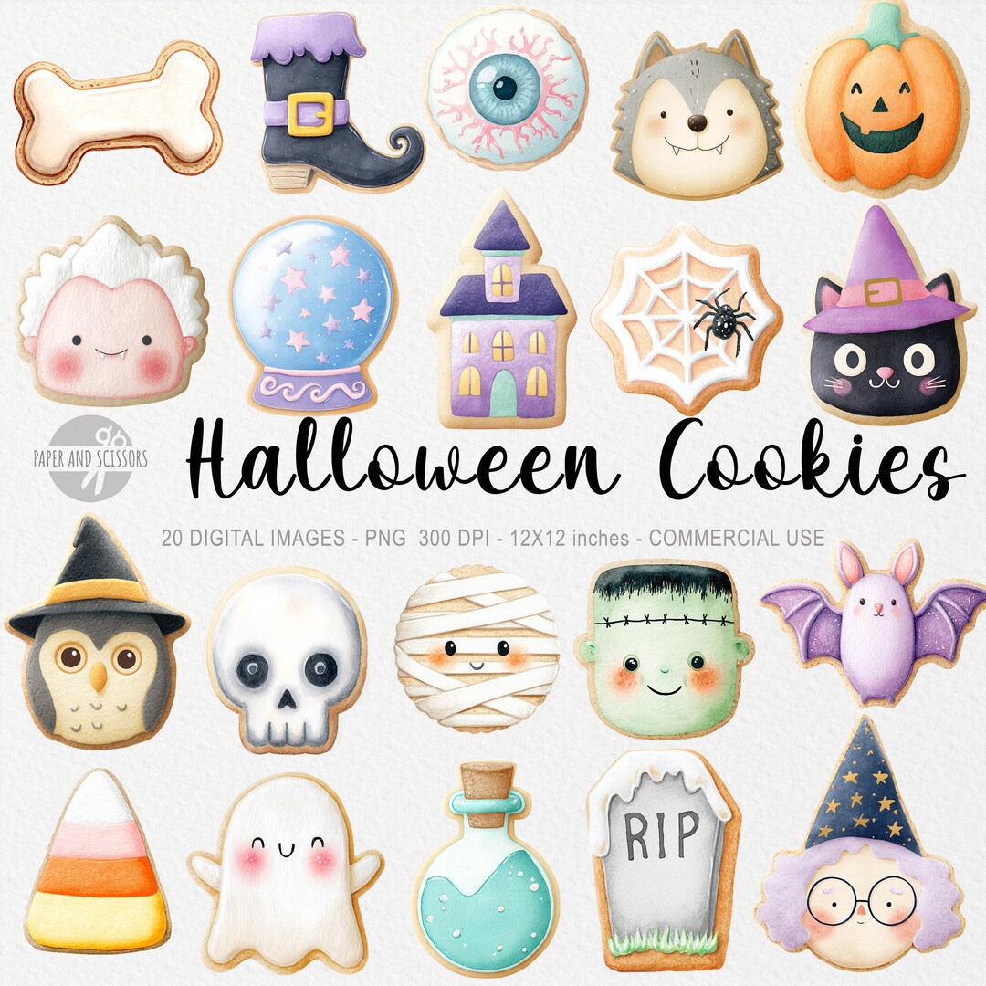 20 Halloween Cookies PNG, Spooky Clipart, Watercolor Baking, Autumn ...