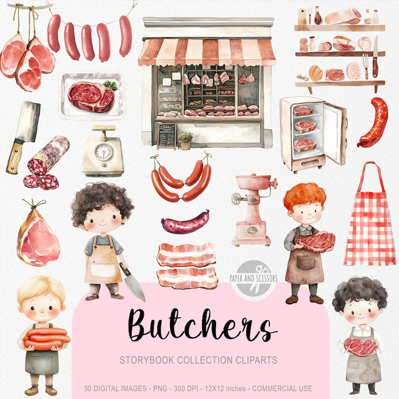 30 Cute Butchers Clipart, Watercolor Butcher Store Storybook, Cooking ...