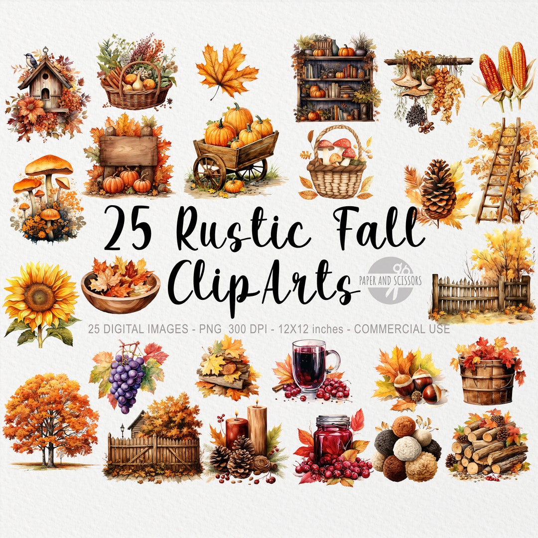 25 Rustic Fall Cliparts, Autumn PNG, Cosy Autumn Illustration ...