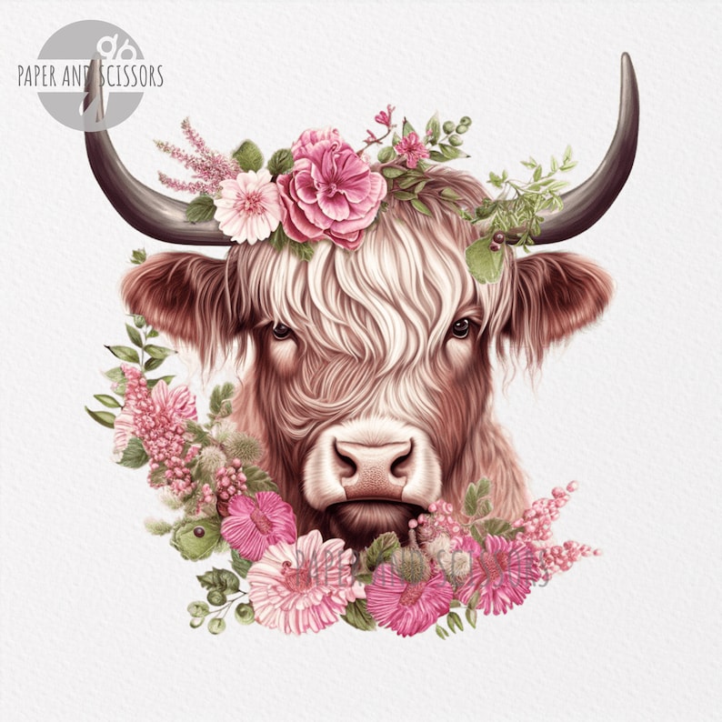 Floral Highland Cows Clipart Cows PNG Cow Illustration Cow - Etsy