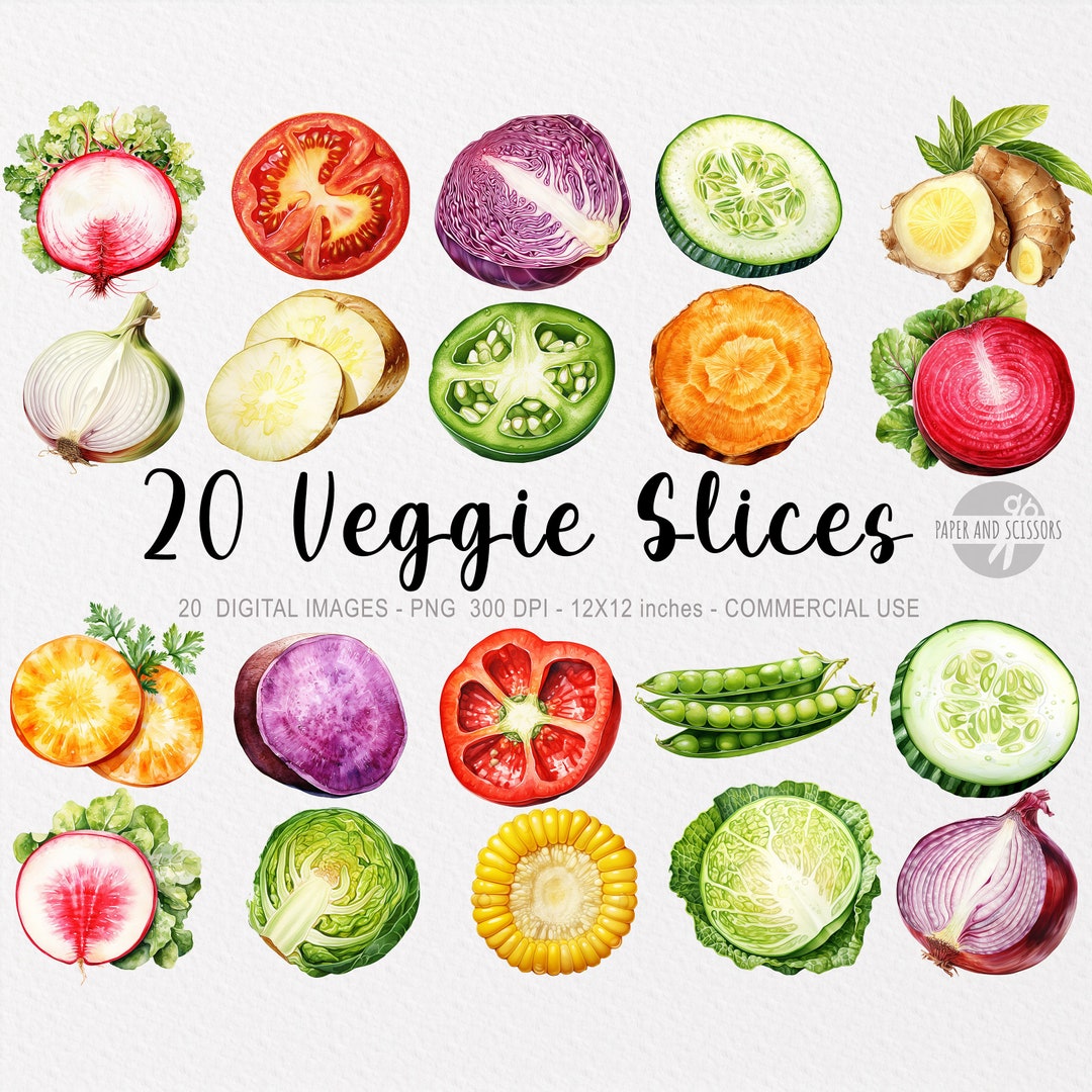 20 Vegetables Clipart PNG, Veggie Slices Illustration, Watercolor Food ...