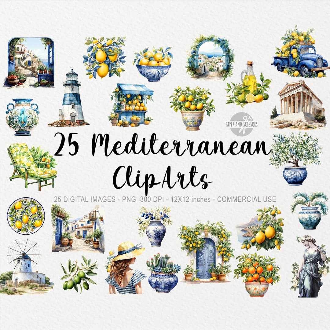 25 Mediterranean Cliparts, Watercolor Mediterranean Illustration PNG ...