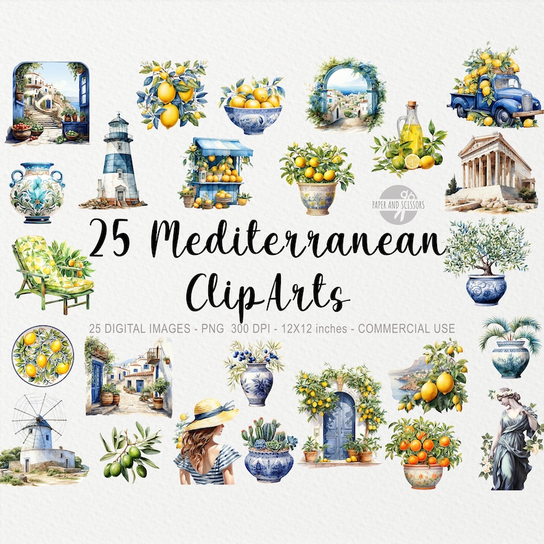 25 Mediterranean Cliparts, Watercolor Mediterranean Illustration PNG ...