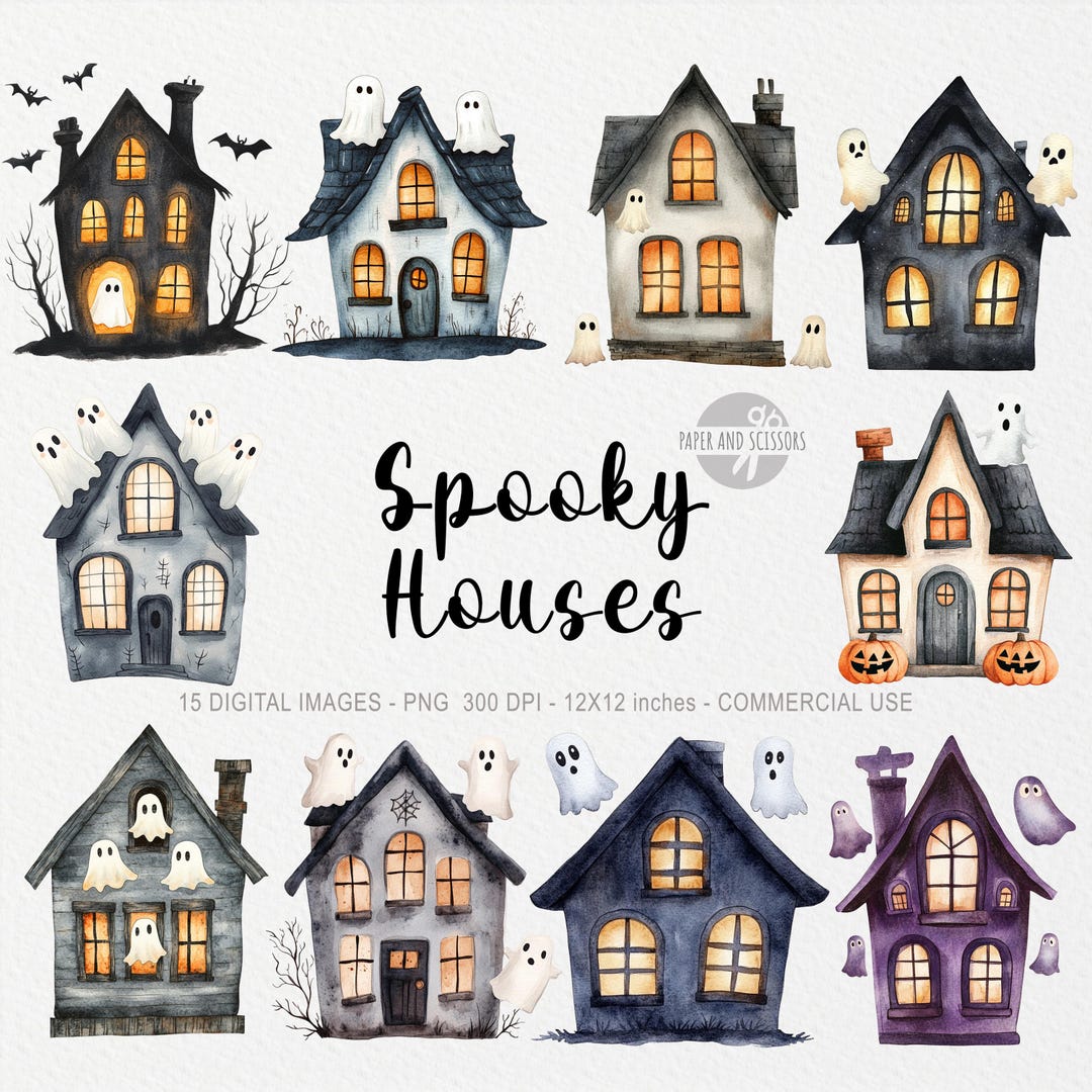 10 Halloween House Clipart, Ghost PNG, Spooky Decor, Silhouette Sticker ...