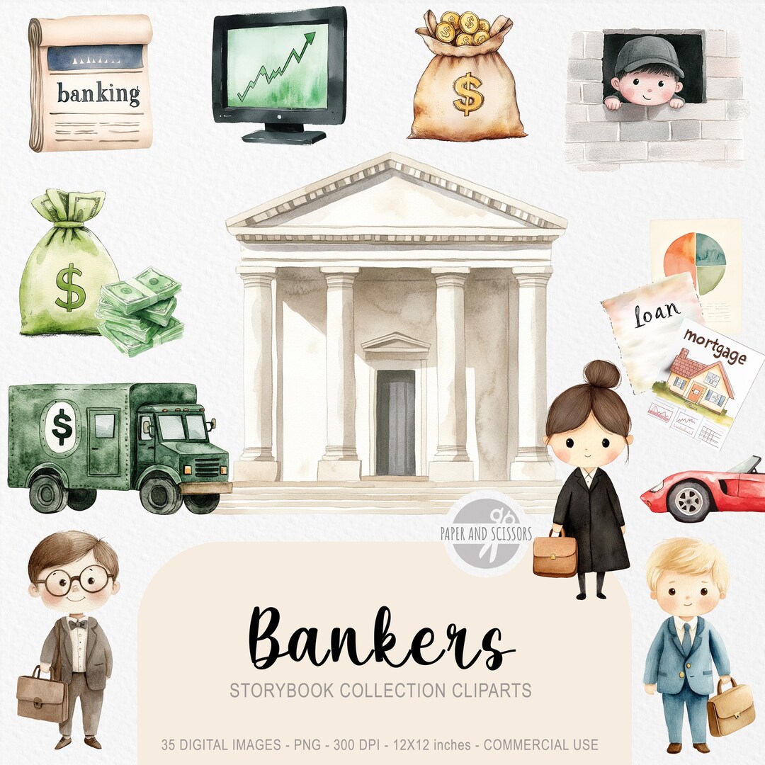 35 Little Banker Cliparts, Cute Boy Girl Job PNG, Watercolor Storybook ...