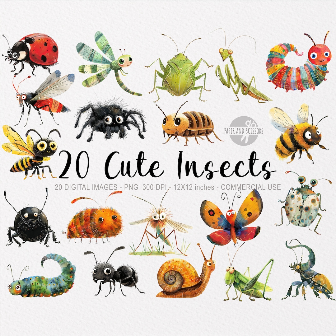 20 Cute Insects Cliparts, Tiny Creatures Watercolor PNG, Baby Shower ...