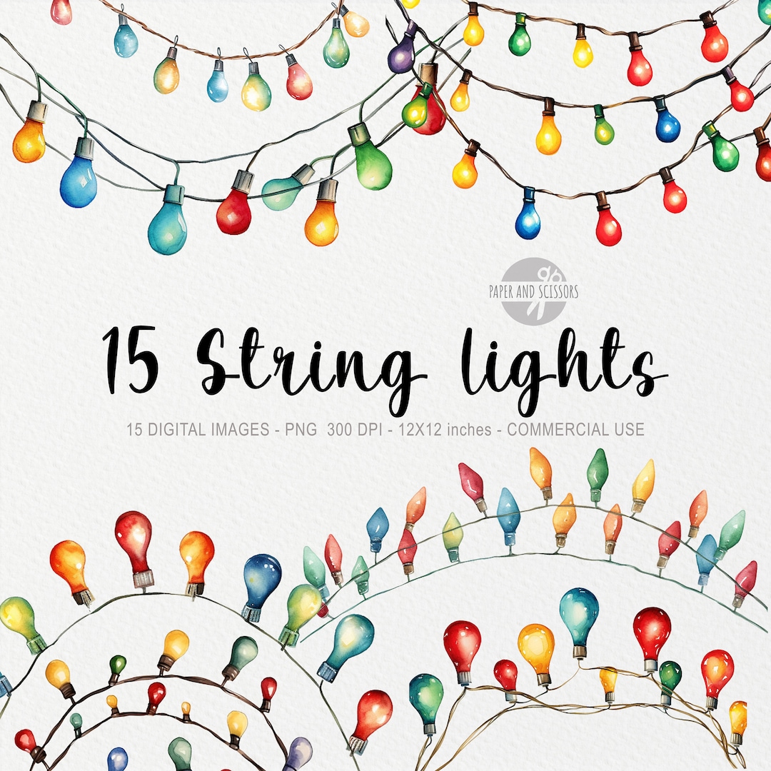 15 Christmas String Lights Clipart, Lights PNG, Watercolor Lamps ...