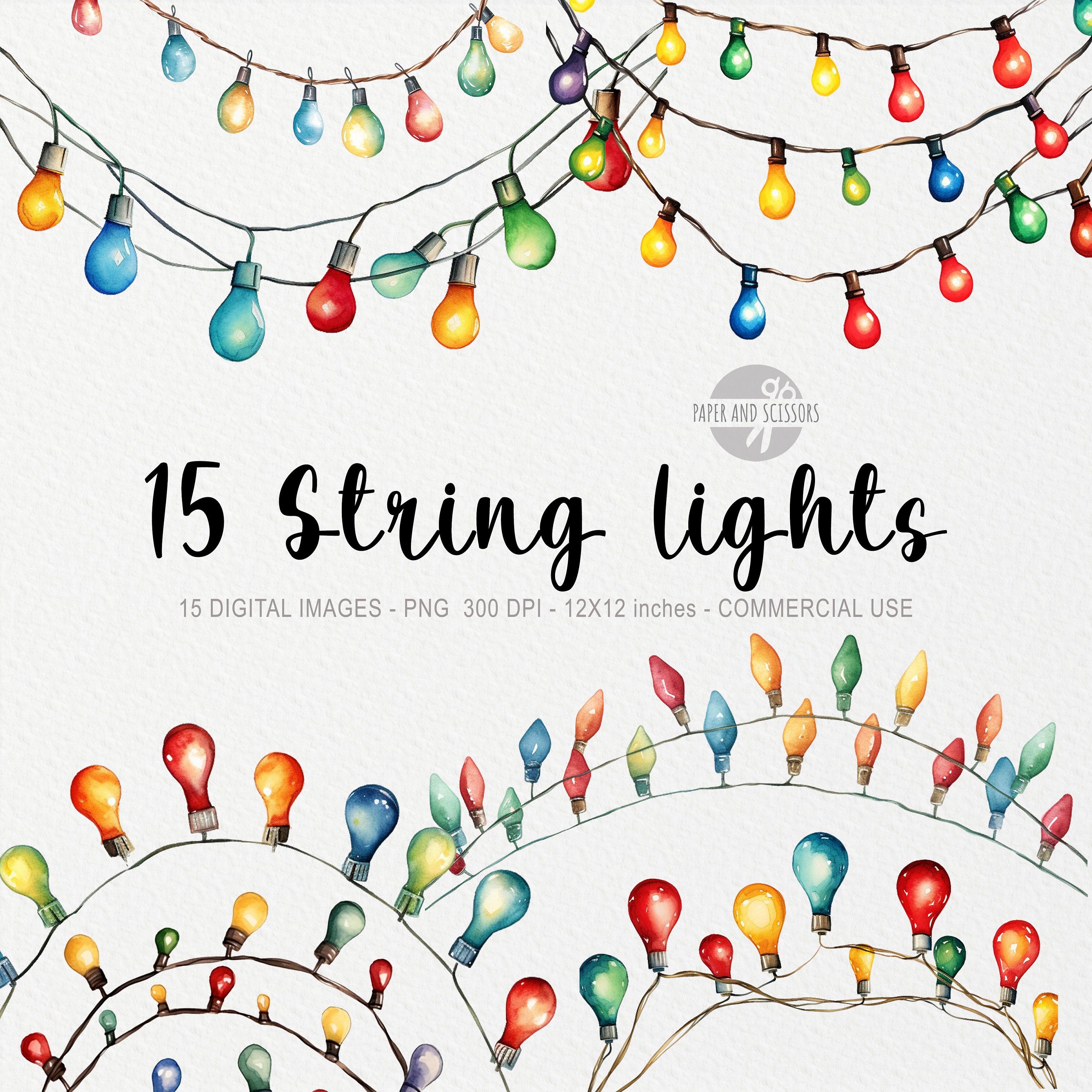 15 Christmas String Lights Clipart, Lights PNG, Watercolor Lamps ...