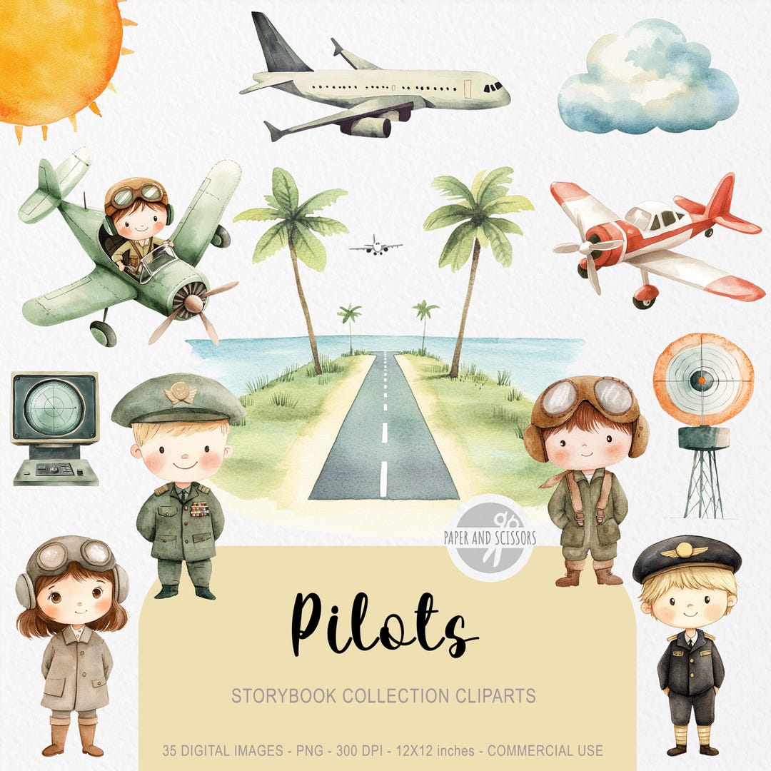 35 Little Pilot Cliparts, Watercolor Storybook PNG, Airplane Stickers ...