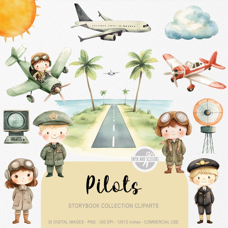 35 Little Pilot Cliparts, Watercolor Storybook PNG, Airplane Stickers ...