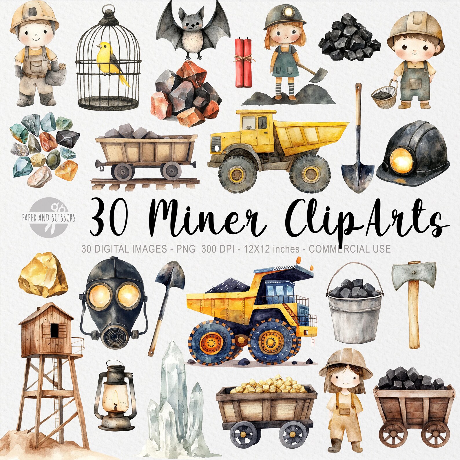 30 Little Miner Cliparts, Watercolor Mine PNG, Construction Site ...