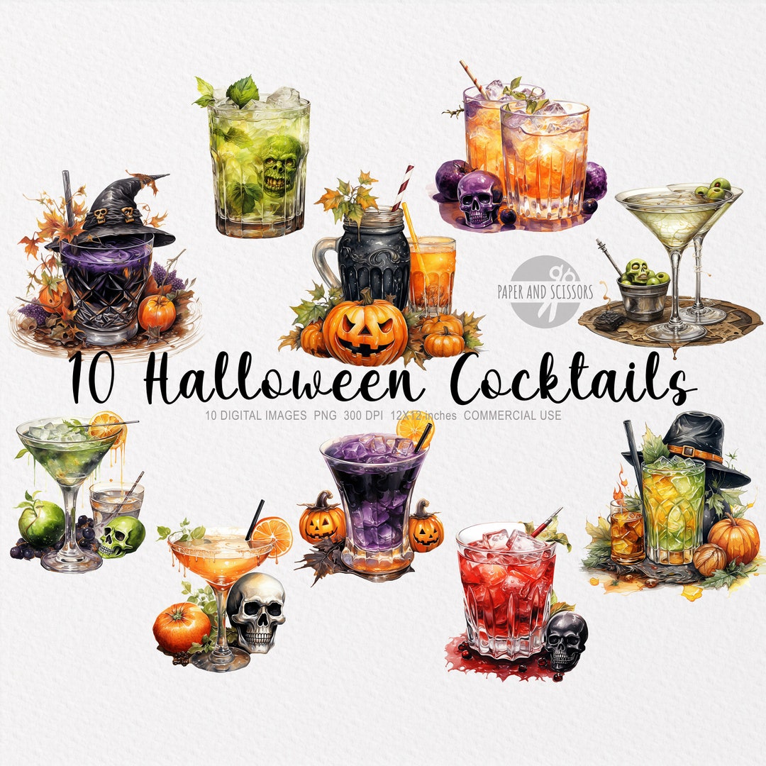 10 Halloween Cocktails Clipart, Watercolor Halloween Cocktails PNG ...