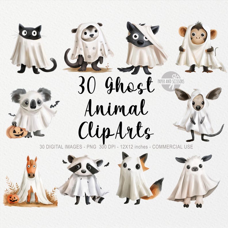 30 Ghost Animal Cliparts, Halloween PNG, Fall Design PNG, Watercolor ...